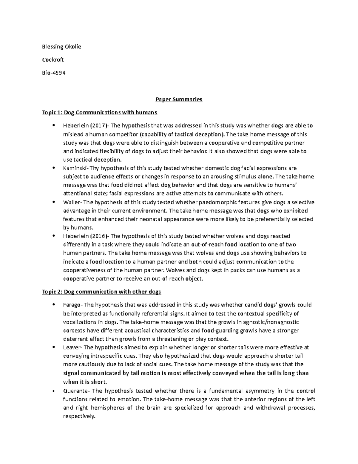 Paper Summaries - Blessing Okolie Cockroft Bio- Paper Summaries Topic 1 ...
