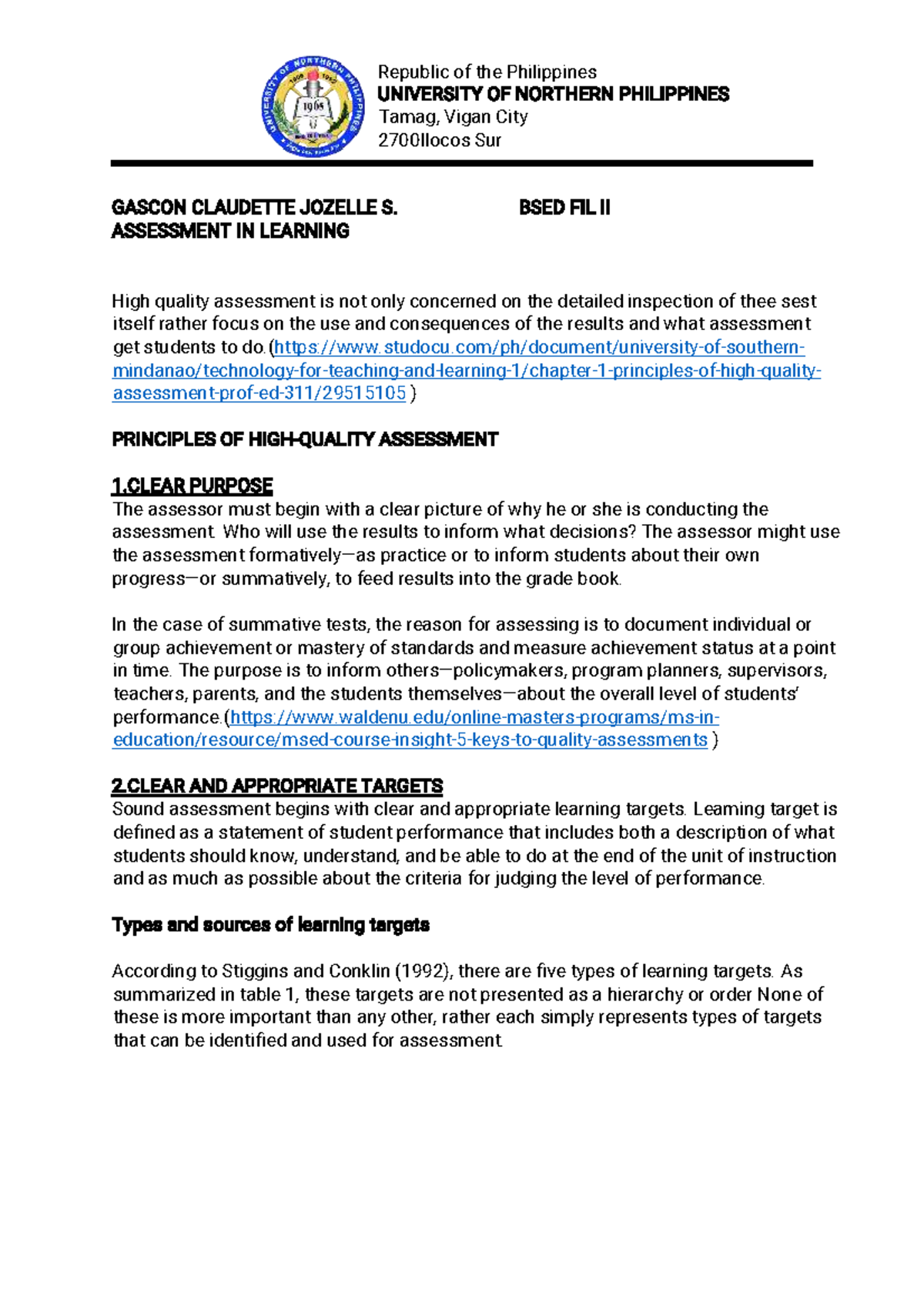 Assessment-in-learning Jocelle - GASCON CLAUDETTE JOZELLE S. BSED FIL ...