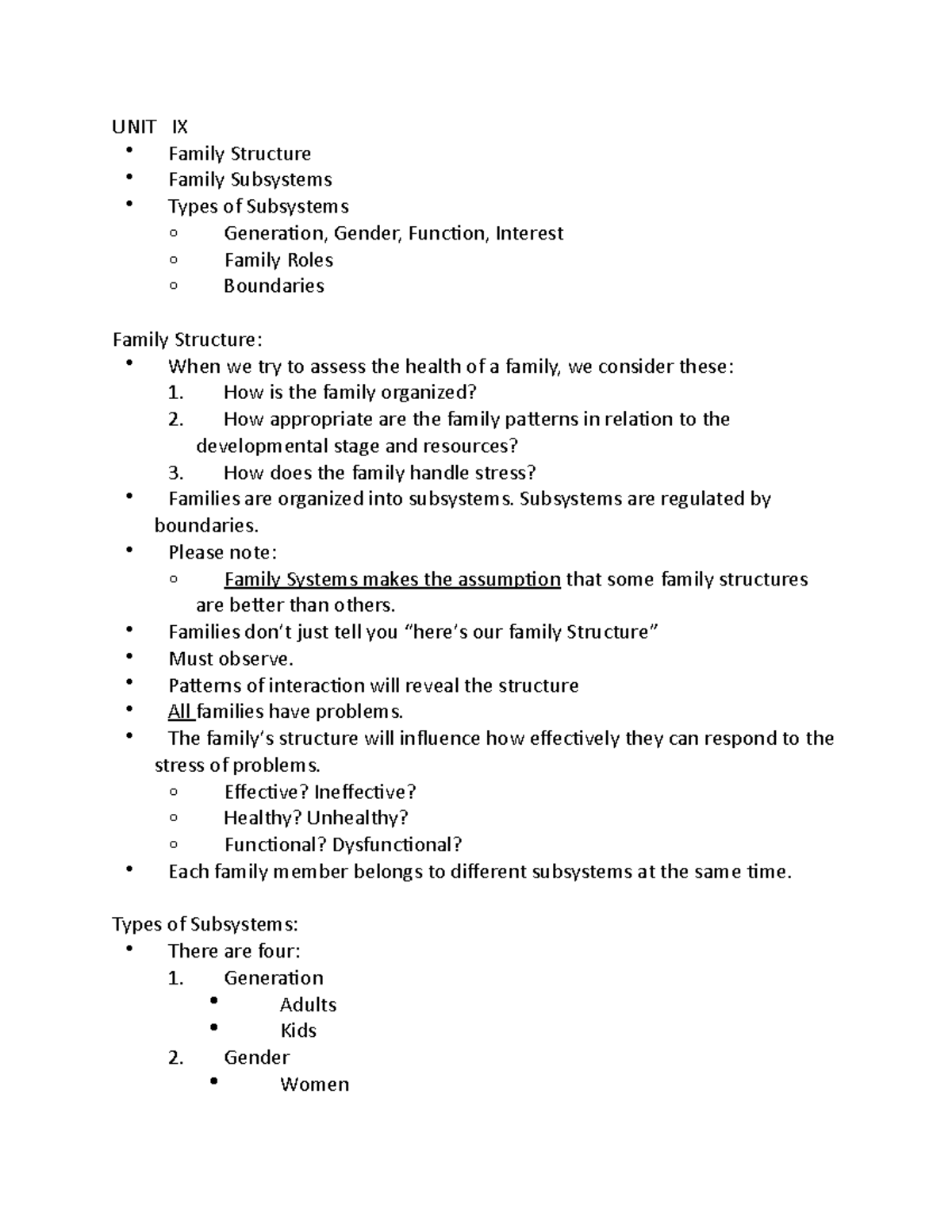 Family Structure and Subsystems - Lecture note Week 9 - UNIT IX Family ...