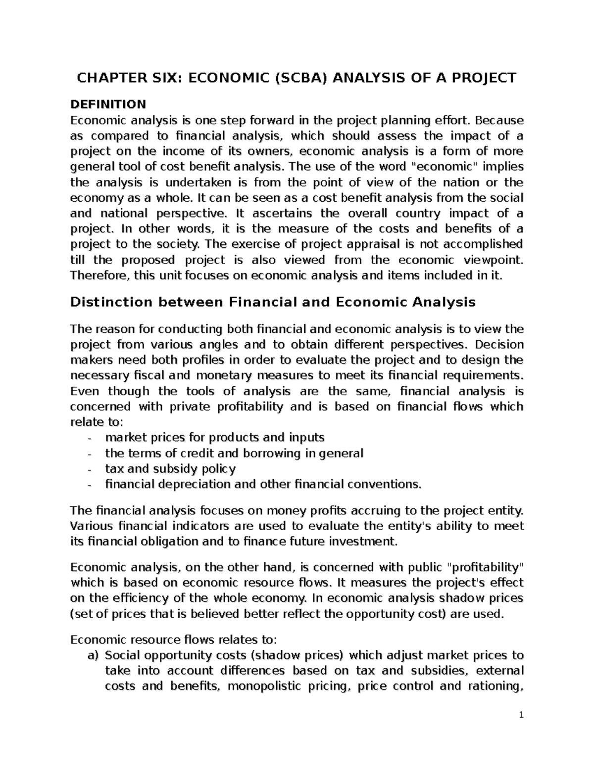 Chapter 6 - project managenet - CHAPTER SIX: ECONOMIC (SCBA) ANALYSIS ...