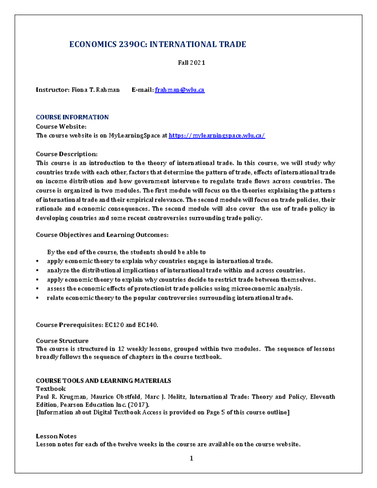 EC239OC Fall 2021 Course Outline - ECONOMICS 239OC: INTERNATIONAL TRADE ...