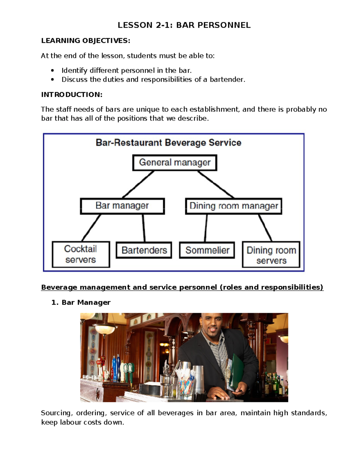 Lesson 2-1 Bar and Beverage Management is a comprehensive field of ...