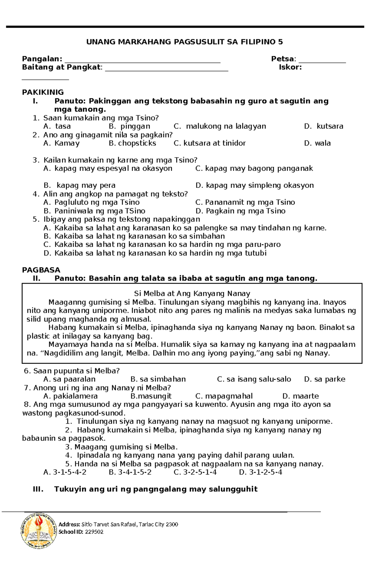 Filipino 5docx - None - UNANG MARKAHANG PAGSUSULIT SA FILIPINO 5 ...