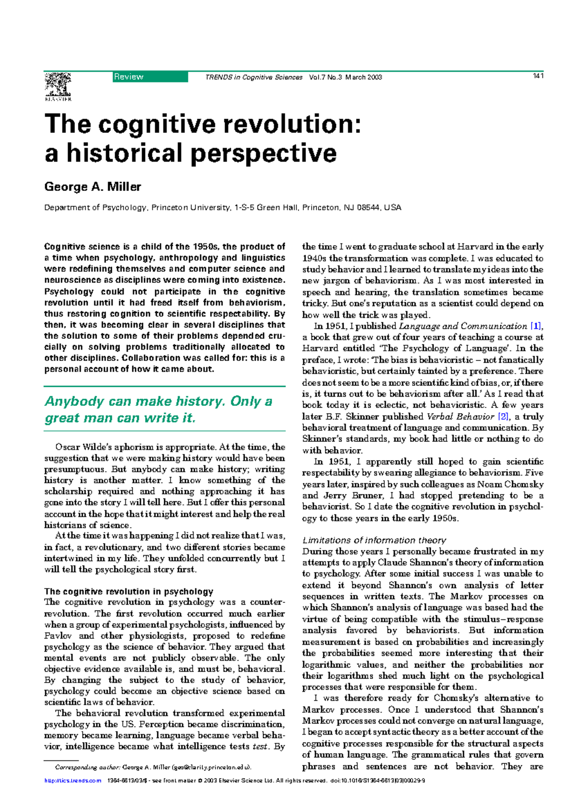 The cognitive revolution; a historical perspective - G.A. Miller - The ...
