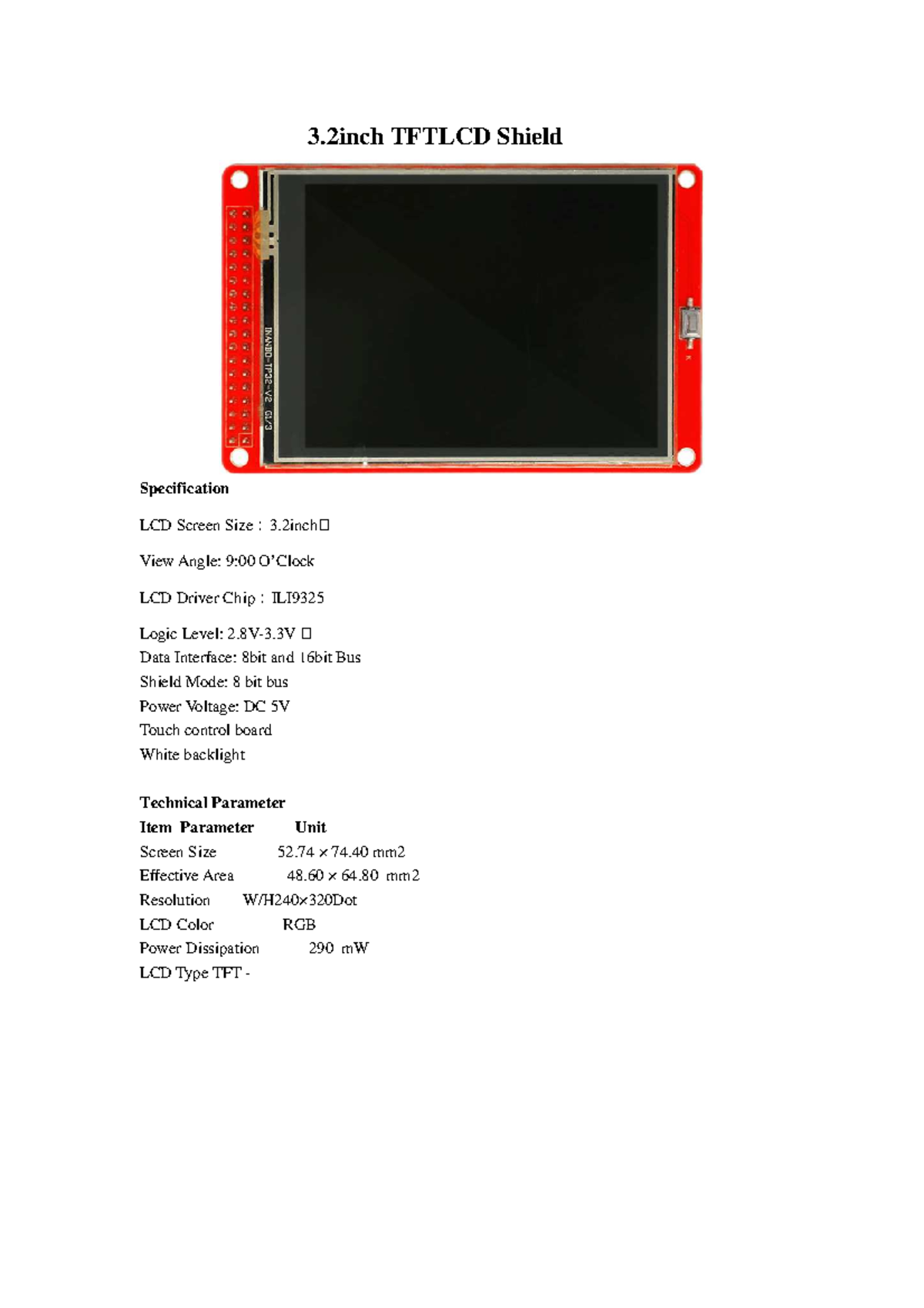 108 - Datasheet for tft screen - 3 TFTLCD Shield Specification LCD ...
