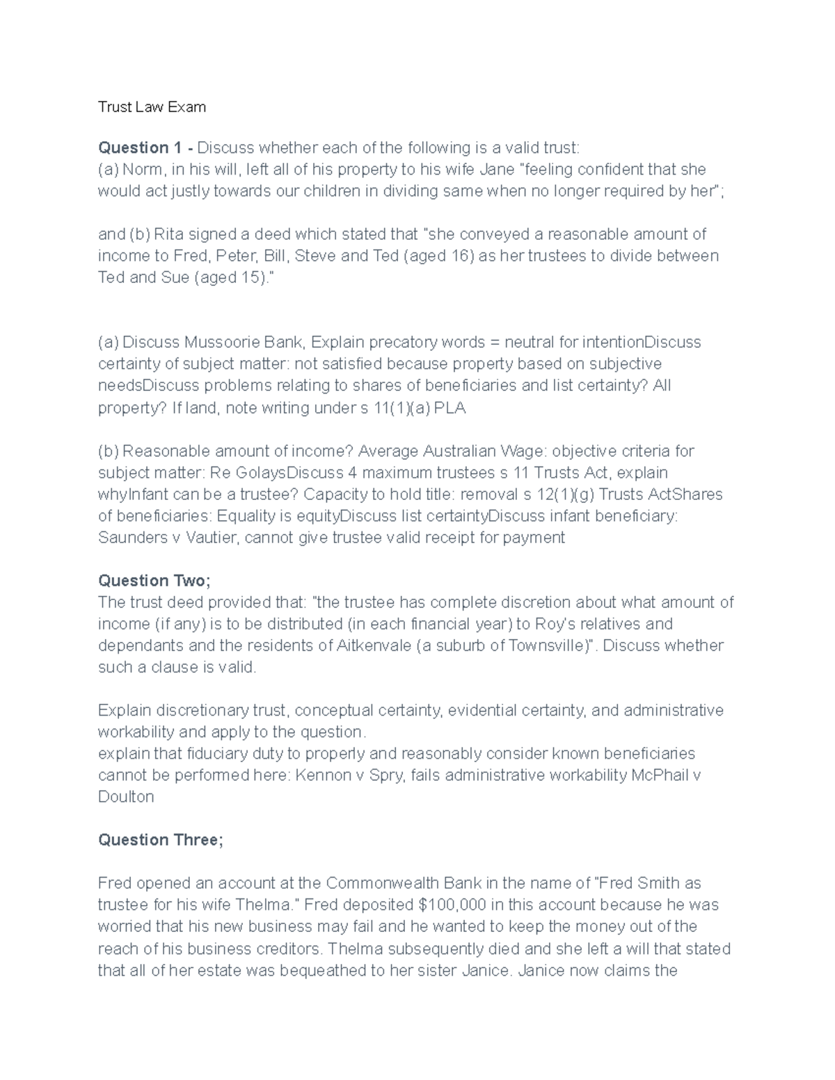 Trust Law Exam Material - Trust Law Exam Question 1 - Discuss whether ...