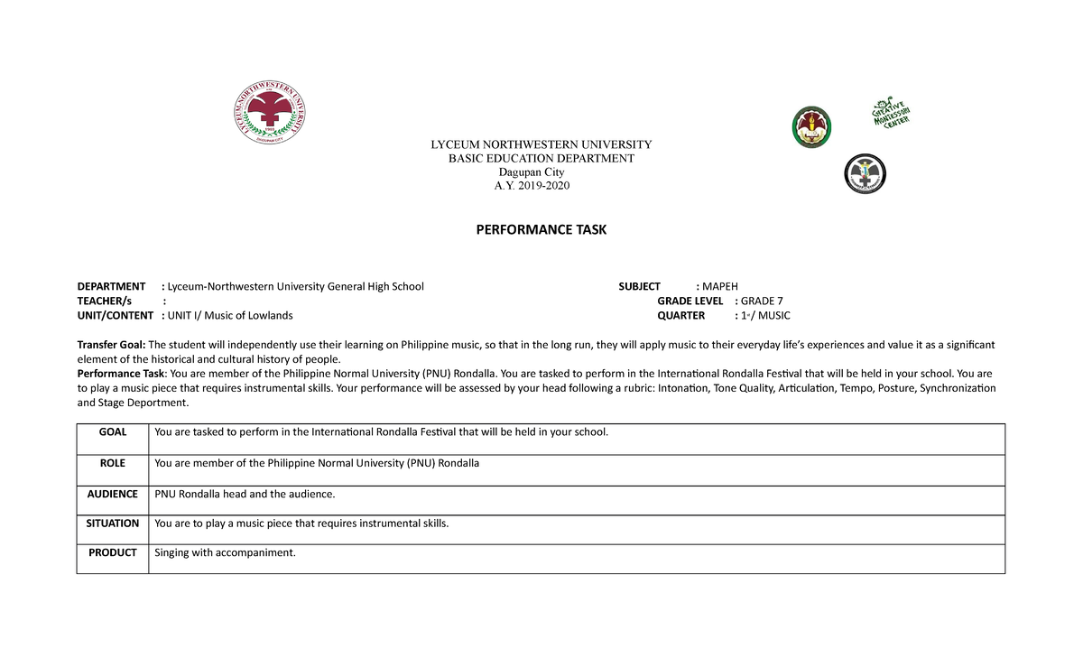 PT - PERFORMANCE TASK SAMPLE - LYCEUM NORTHWESTERN UNIVERSITY BASIC ...