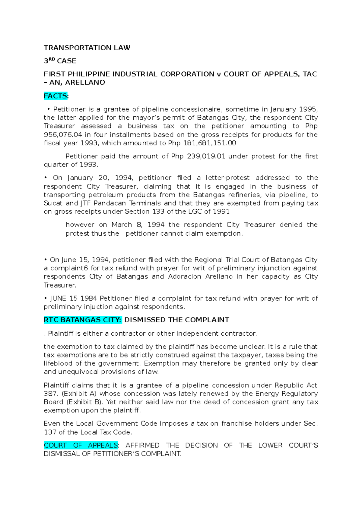 3.) FPIC v CA, TAC-AN and Arellano - TRANSPORTATION LAW 3 RD CASE FIRST ...
