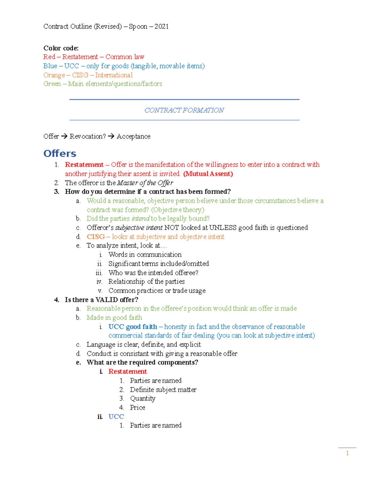 Contracts Outline - Revised - 2021 - Color code: Red – Restatement ...