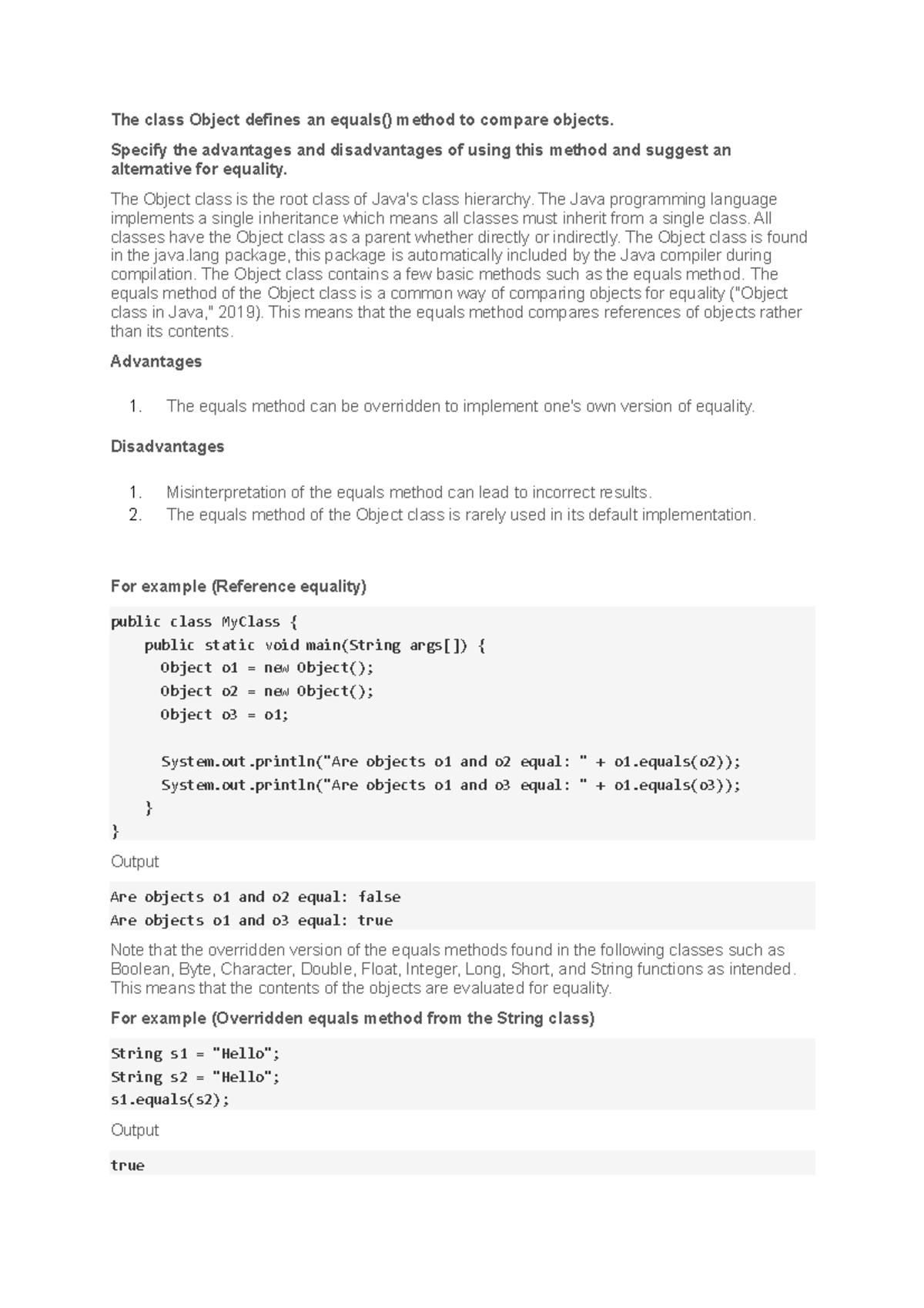Discussion Unit 4 The Class Object Defines An Equals Method To Compare Objects Specify The