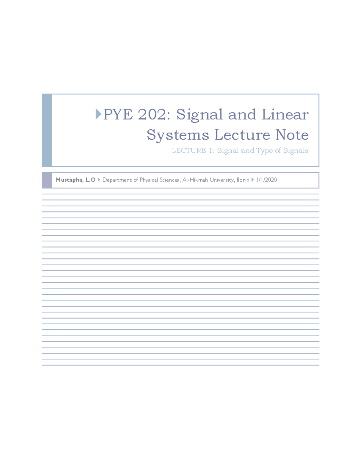 PYE 202 Lecture Note1 - Electric Circuit - PYE 202: Signal and Linear Systems Lecture Note ...