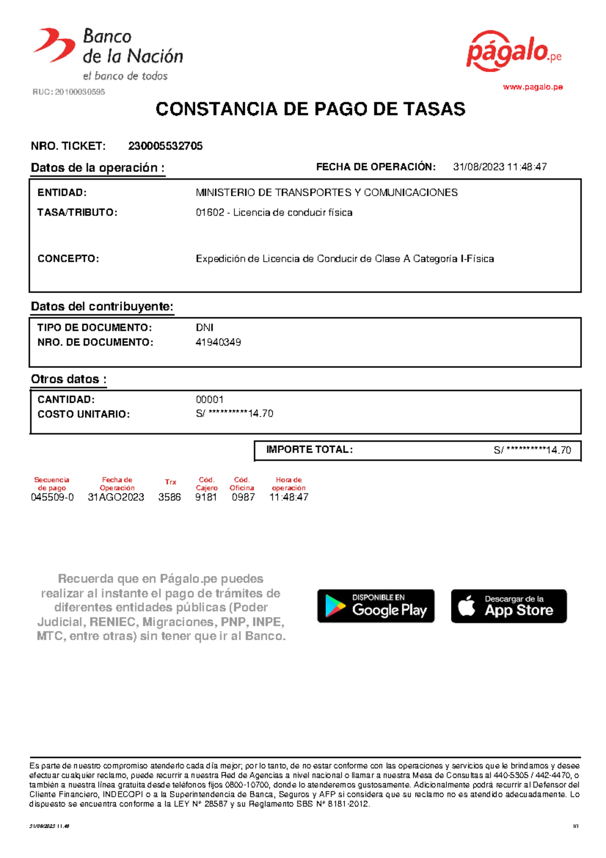 Constancia (19) - dtytutu764 - CONSTANCIA DE PAGO DE TASAS RUC: 20100030595 pagalo FECHA DE ...