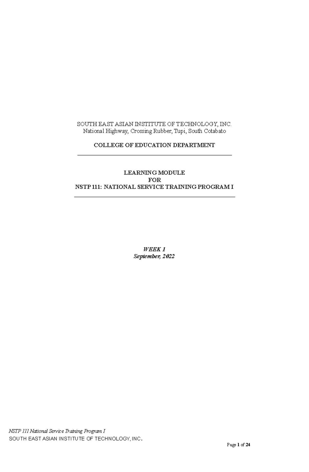 NSTP- Module- Prelim - pdf - SOUTH EAST ASIAN INSTITUTE OF TECHNOLOGY ...