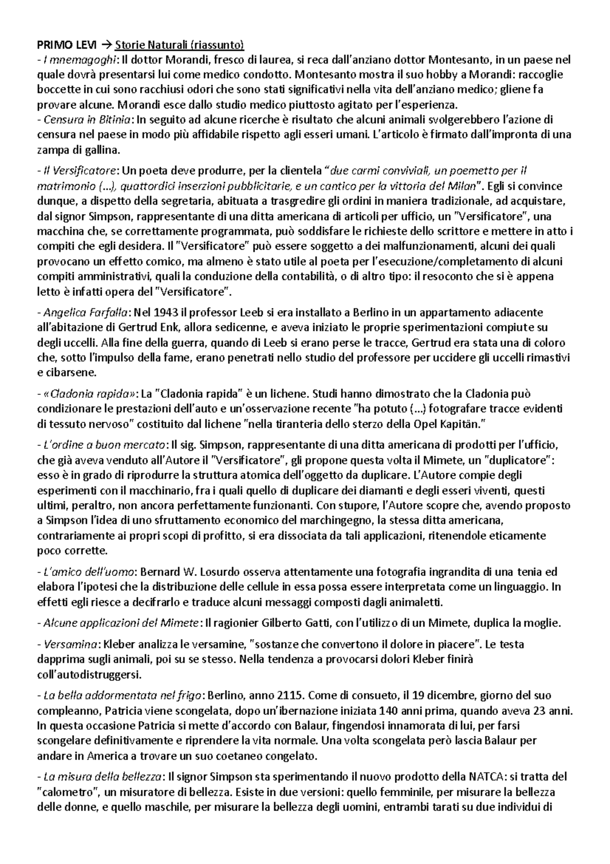 Riassunto breve Storie Naturali di Levi - PRIMO LEVI → Storie Naturali ...