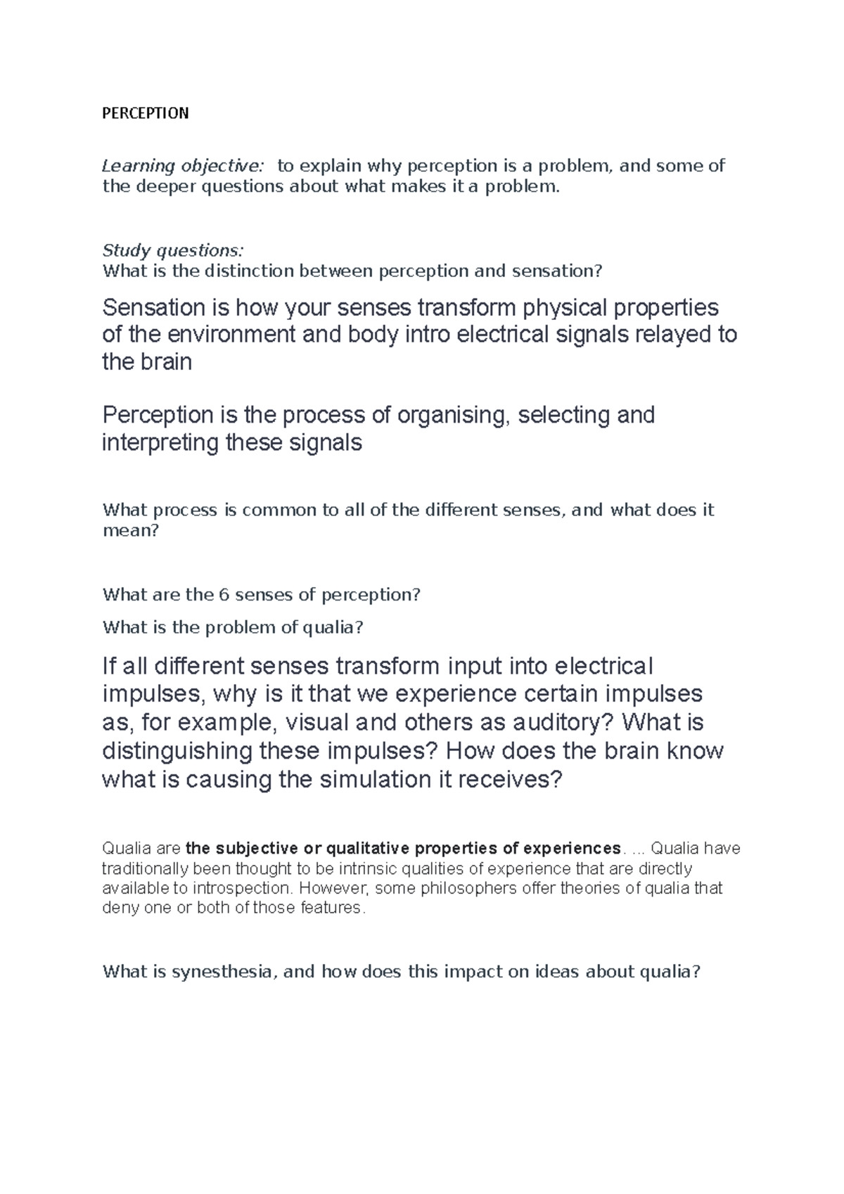 Perception notes - PERCEPTION Learning objective: to explain why ...