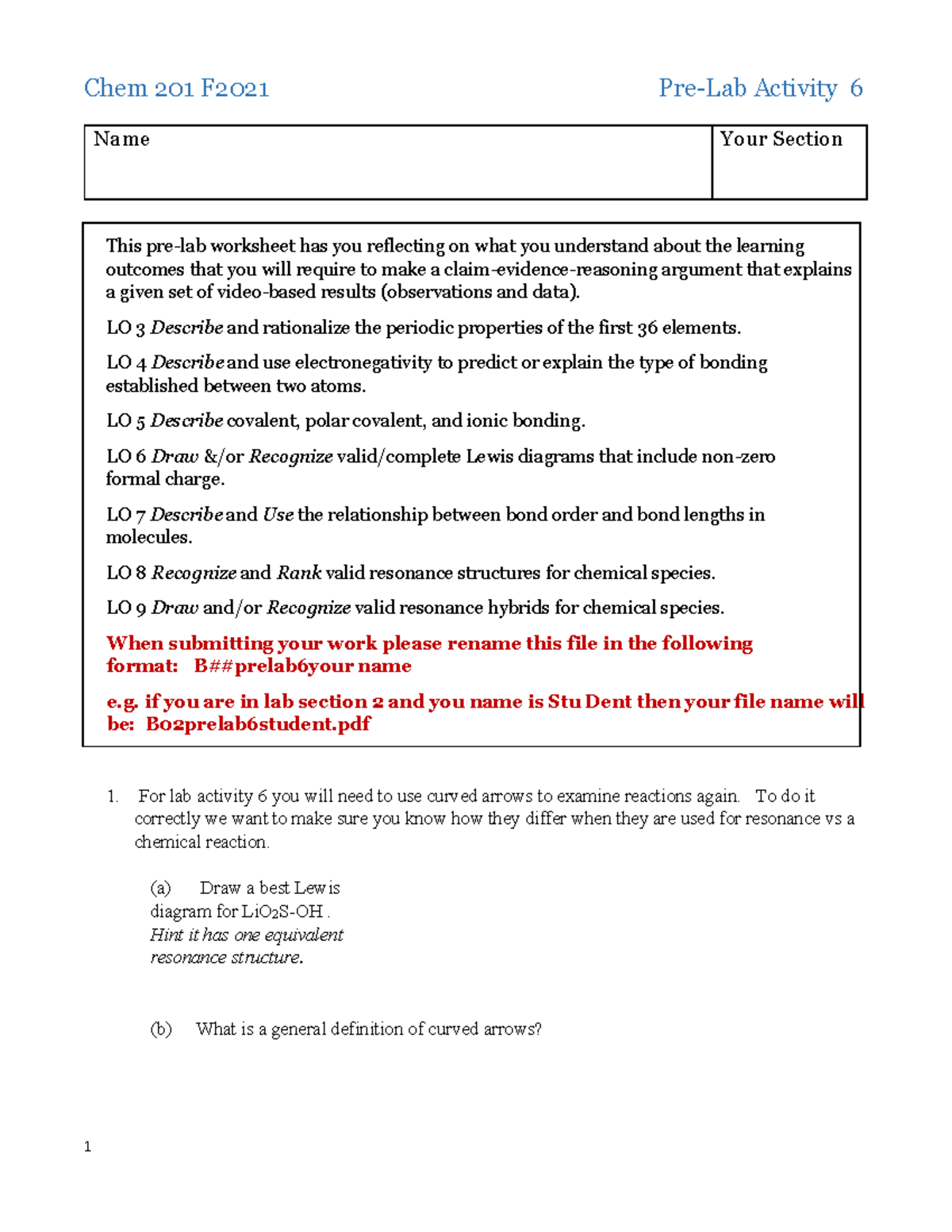 pre-lab activity 6 FALL 2021 - Chem 201 F2021 Pre-Lab Activity 6 1 Name ...