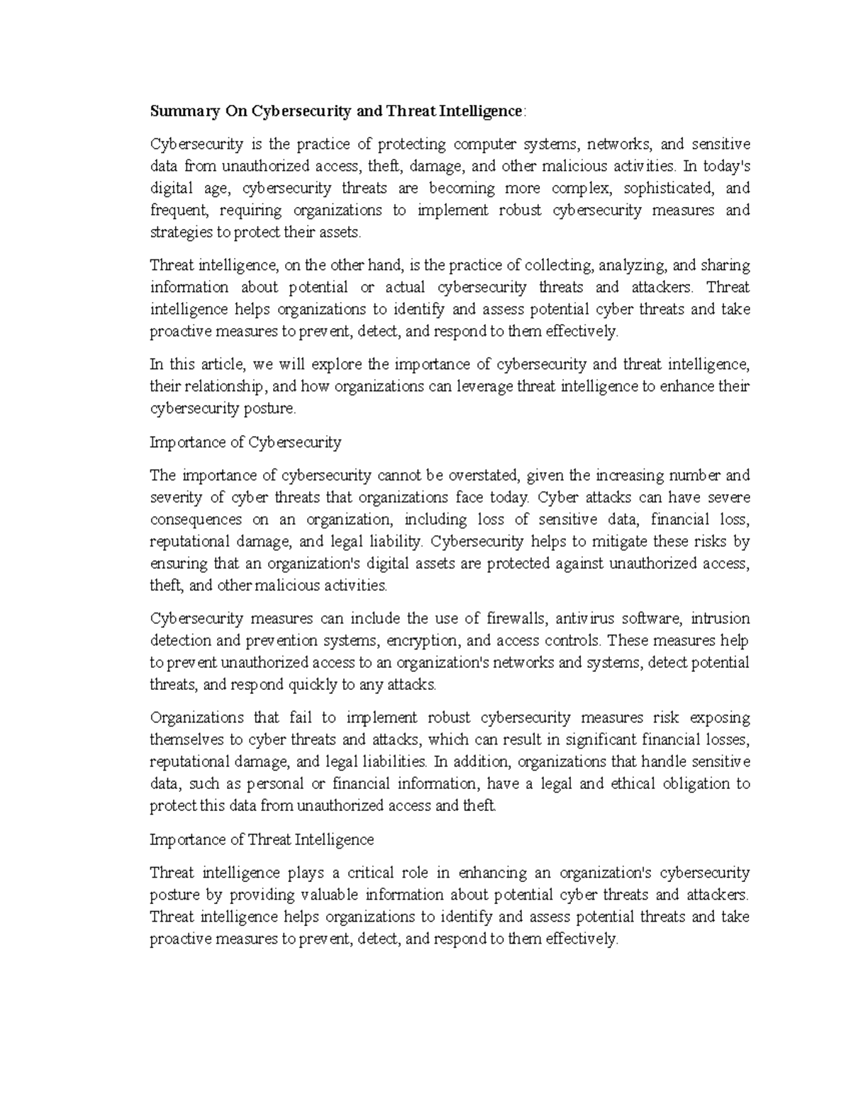 Summary On Cybersecurity and Threat Intelligence - Summary On Cybersecurity and Threat ...