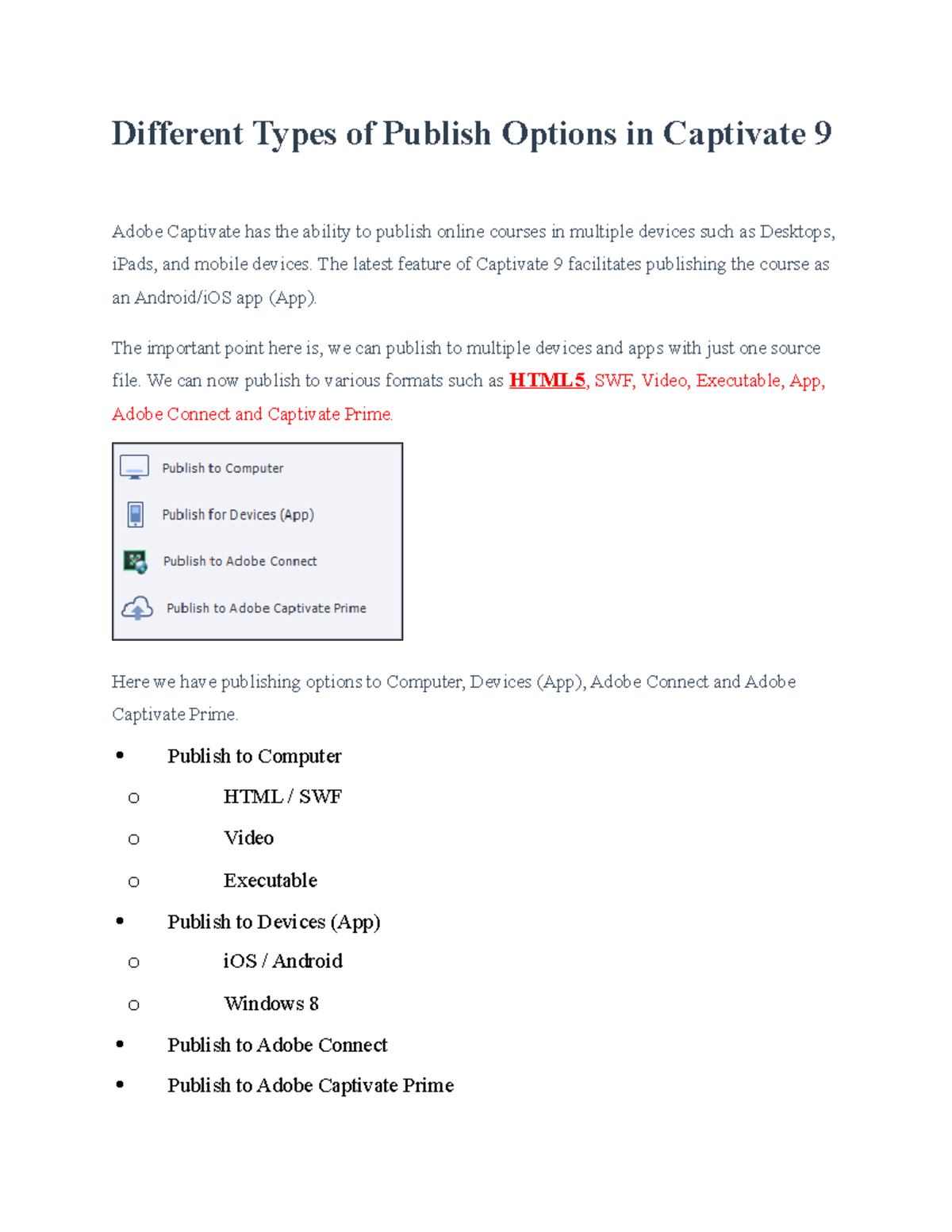 Publishing Content in Captivate - Different Types of Publish Options in ...