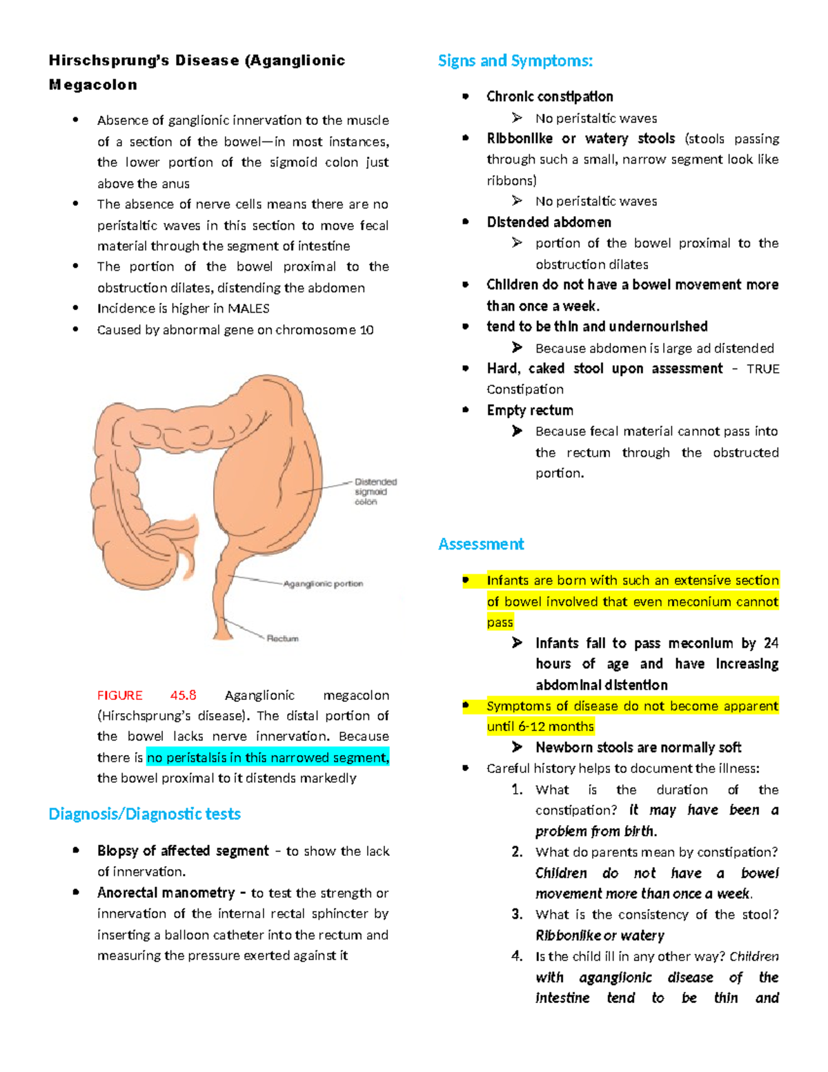MCN notes - Hirschsprung’s Disease (Aganglionic Megacolon Absence of ...