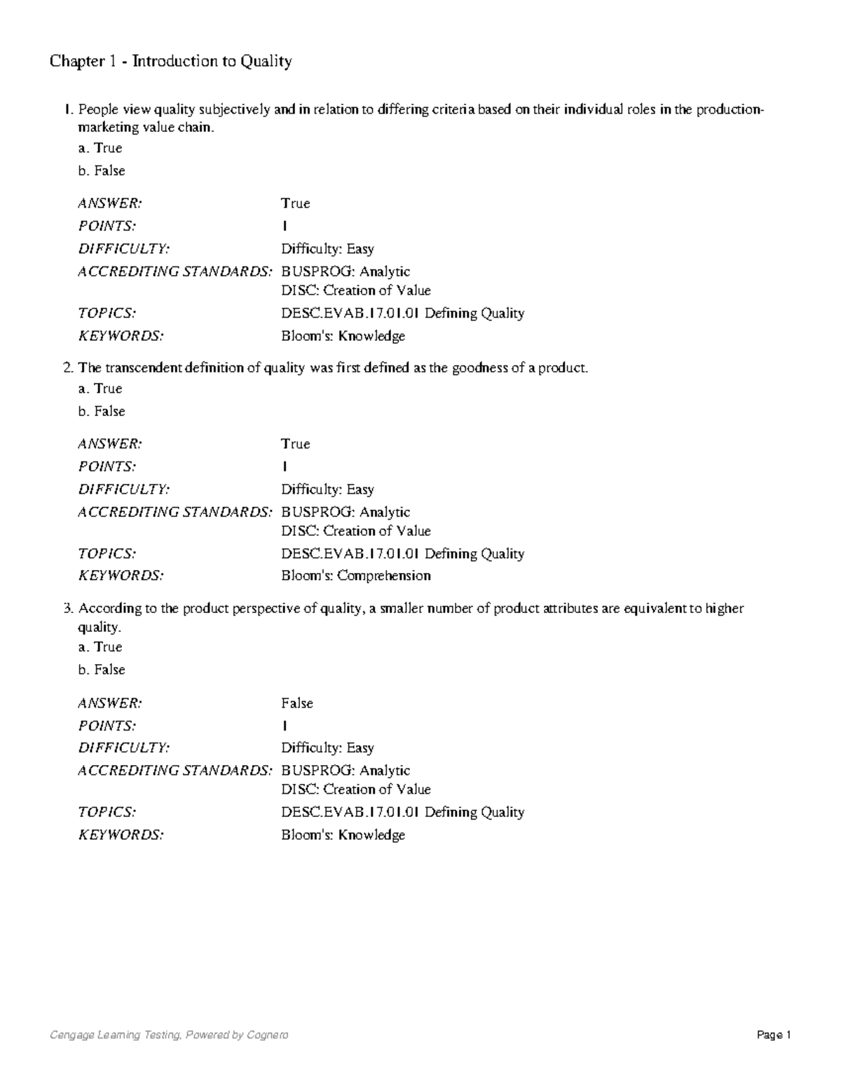 Chapter 1 Introduction to Quality - 1. People view quality subjectively and in relation to ...