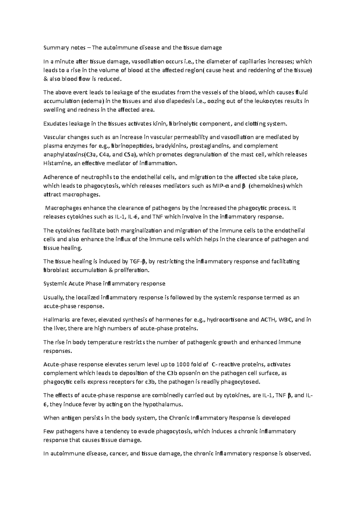 Summary notes – The autoimmune disease and the tissue damage - BIOL ...