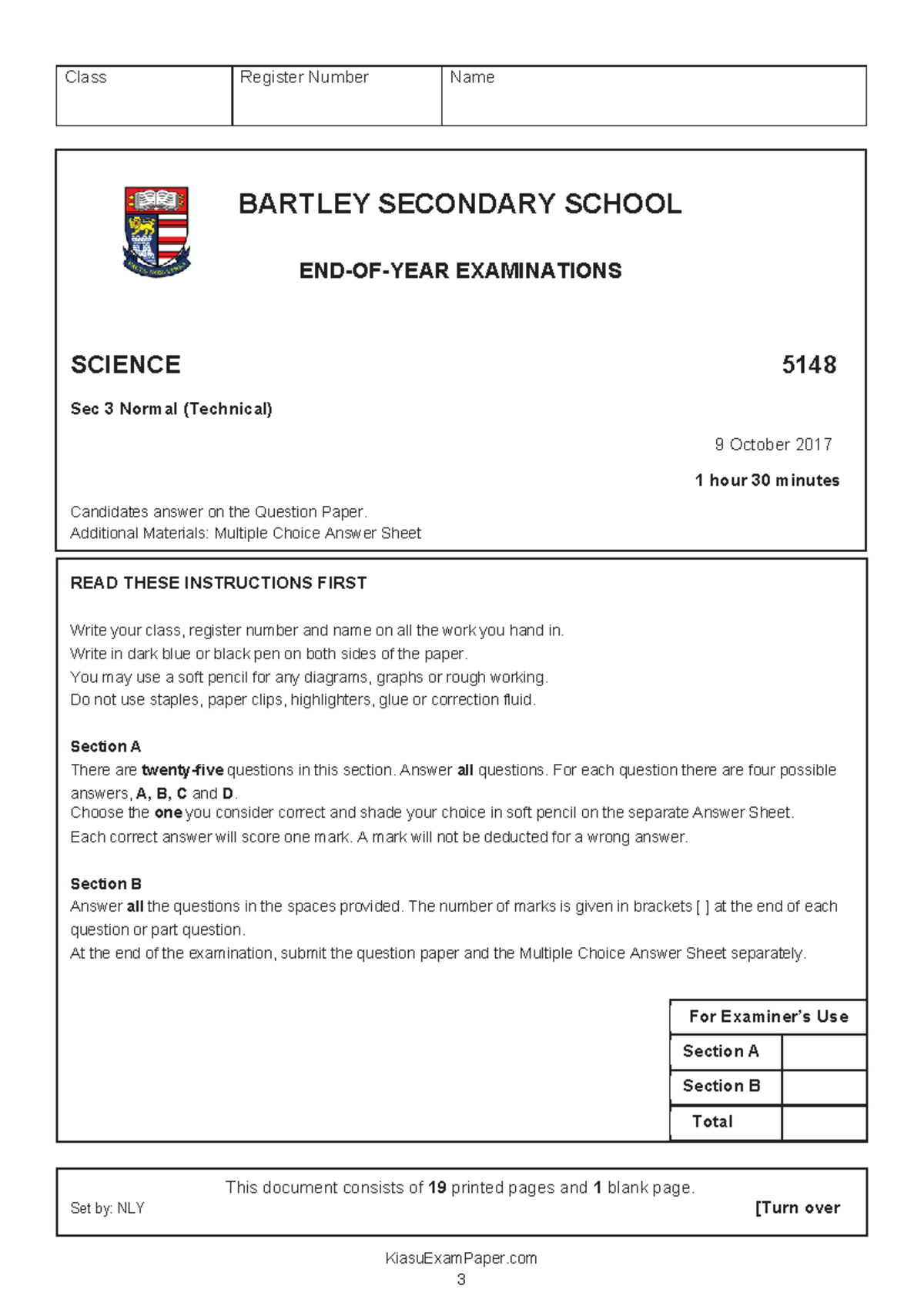 2017 sec 3 science nt 18s - Class Register Number Name BARTLEY ...
