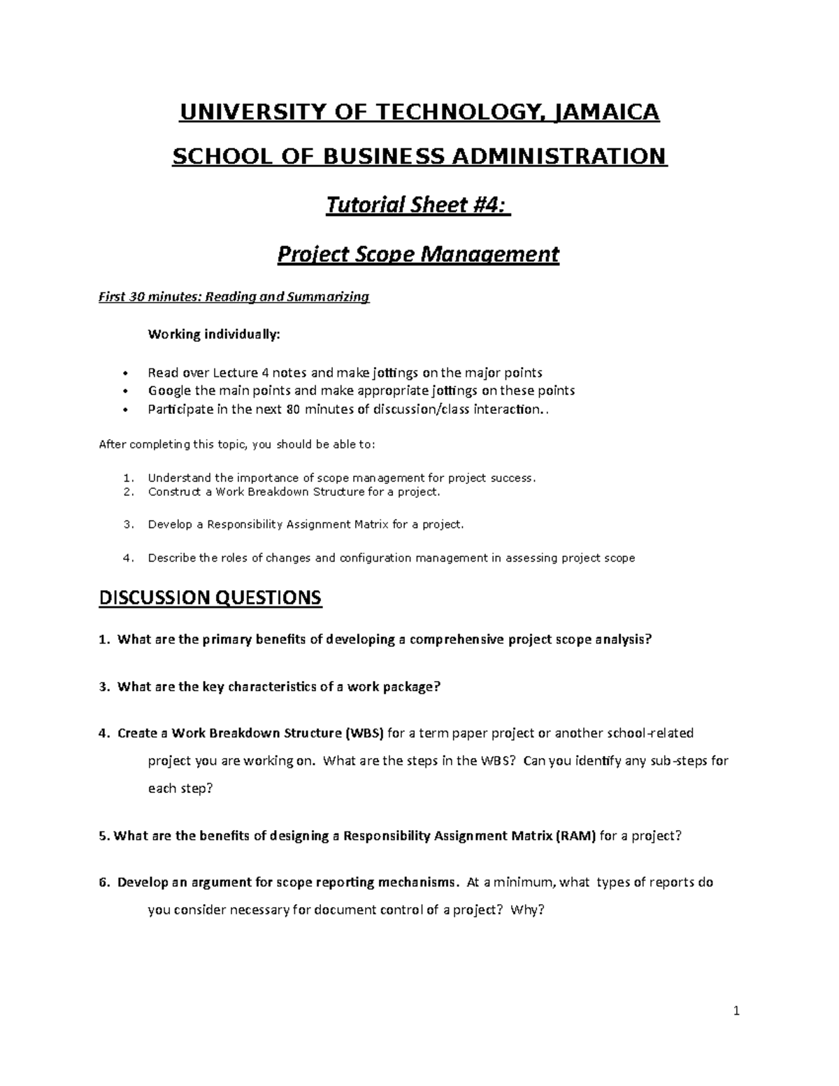 Tutorial 4 - UNIVERSITY OF TECHNOLOGY, JAMAICA SCHOOL OF BUSINESS ...