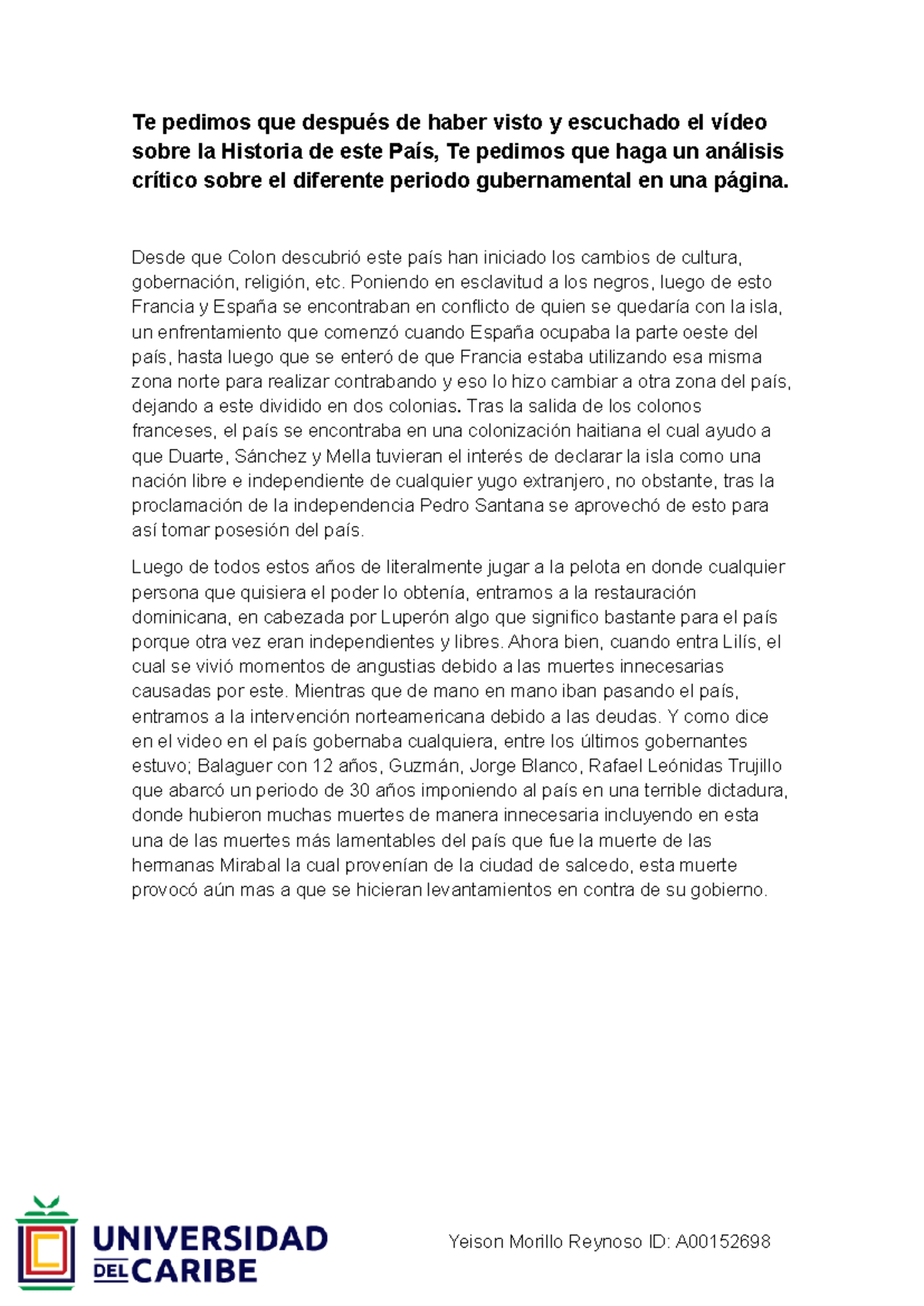 Analisis critico - Yeison Morillo Reynoso ID: A Te pedimos que después ...