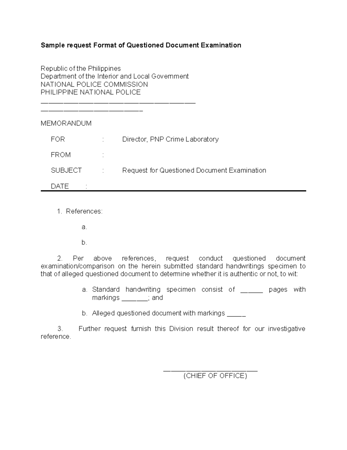 Sample request Format of Questioned Document Examination - References ...