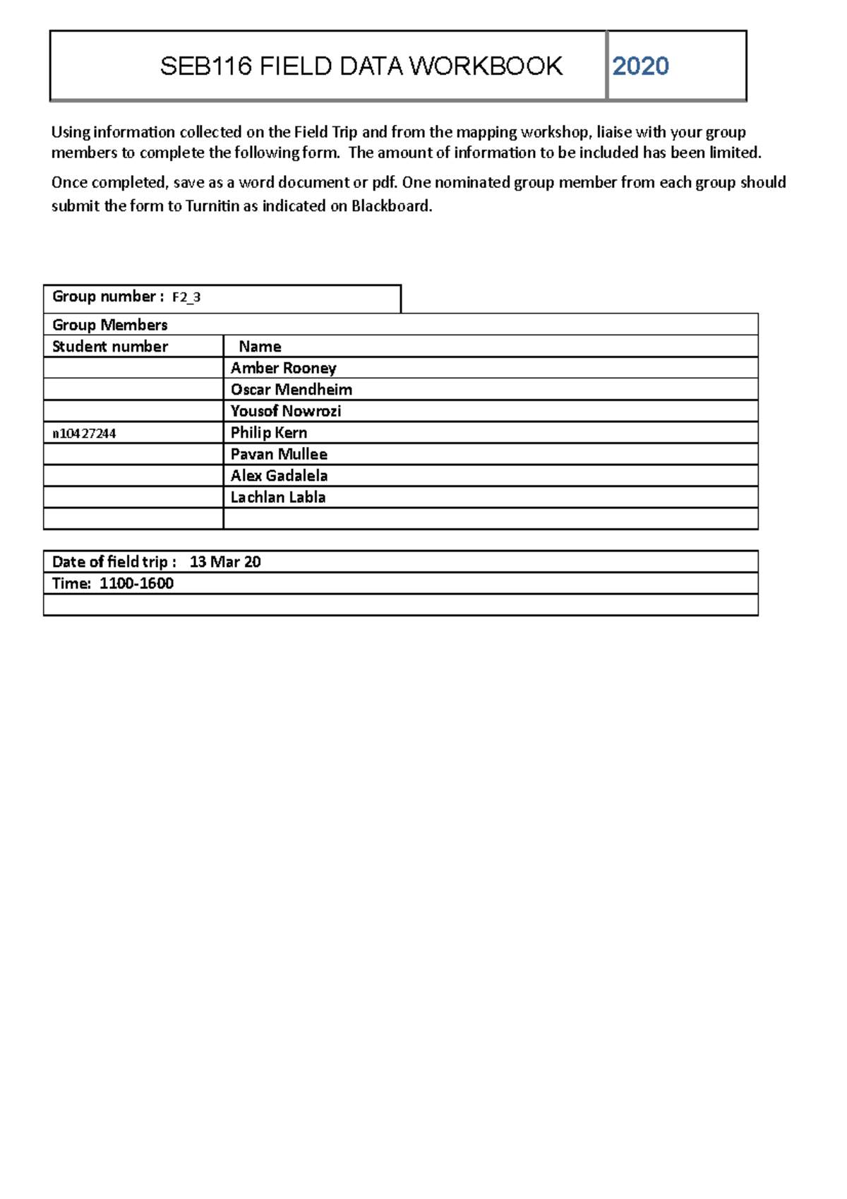 SEB116 Field Data Workbook 2020 protected - SEB116 FIELD DATA WORKBOOK ...