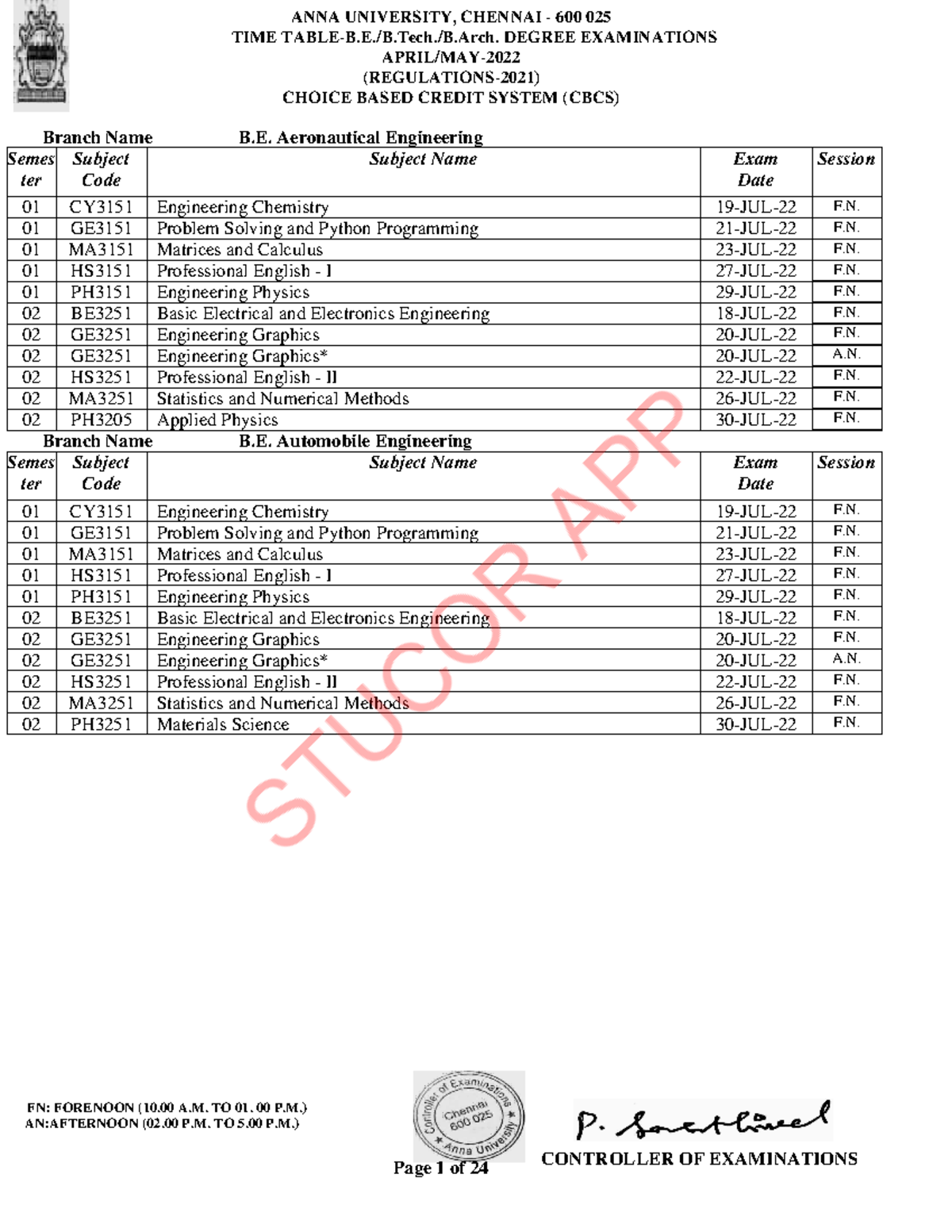 Stucor TT R21-1-1 - Handwritten notes - CONTROLLER OF EXAMINATIONS TIME ...
