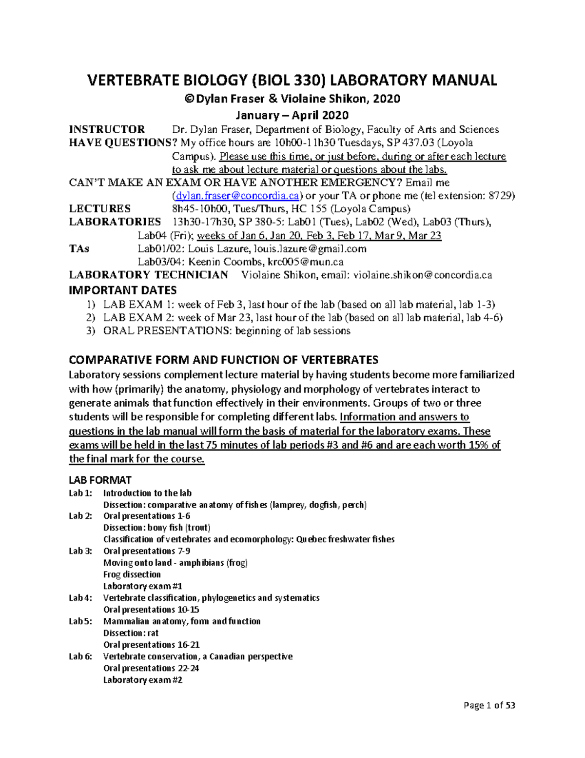 LAB Manual Vertebrate Biology - VERTEBRATE BIOLOGY (BIOL 330 ...