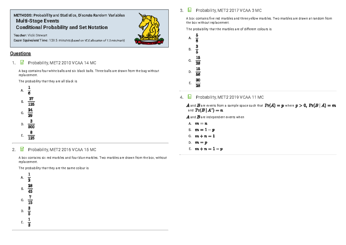 Probability and Statistics - Discrete Random Variables - Multi Stage ...