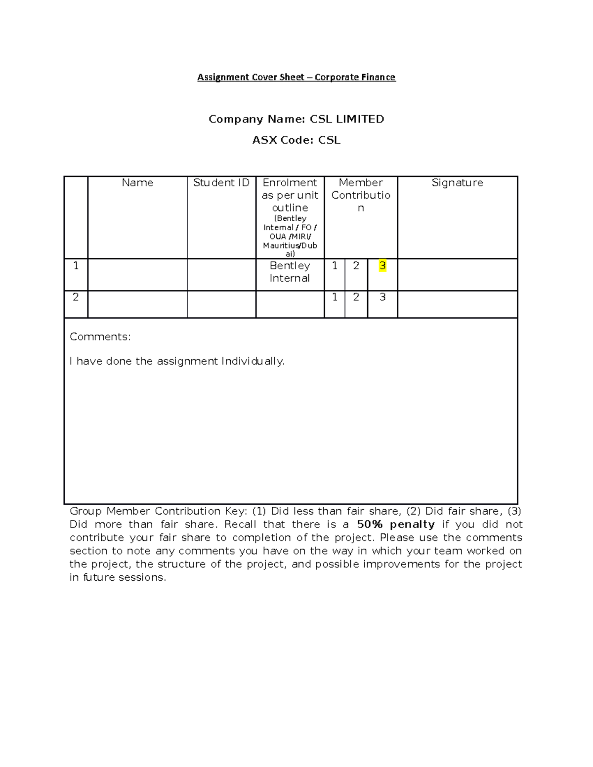 CSL Group Assignment - CSL Limited - Assignment Cover Sheet – Corporate ...