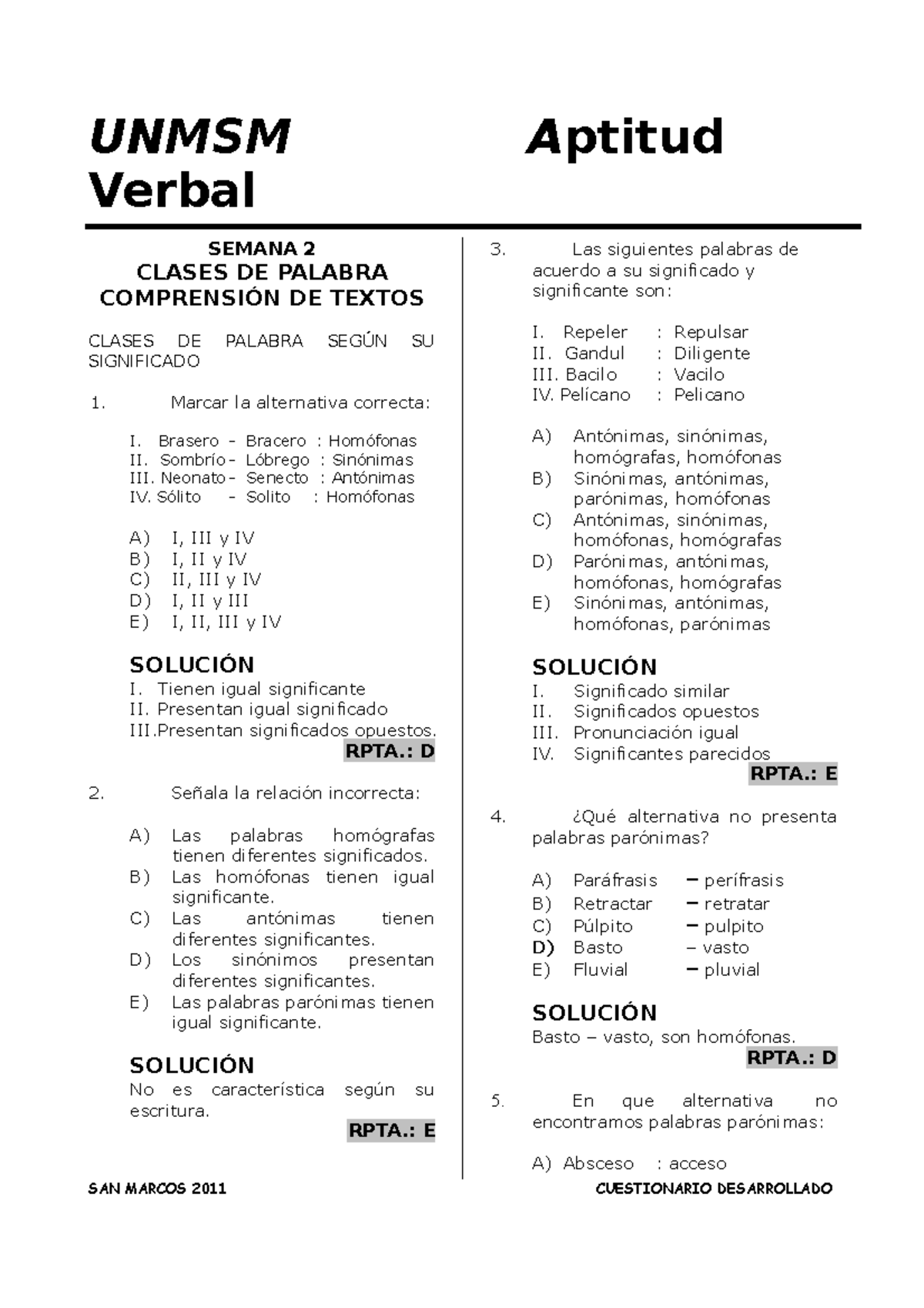 Document - dasdasdasd - Verbal SEMANA 2 CLASES DE PALABRA COMPRENSIÓN ...