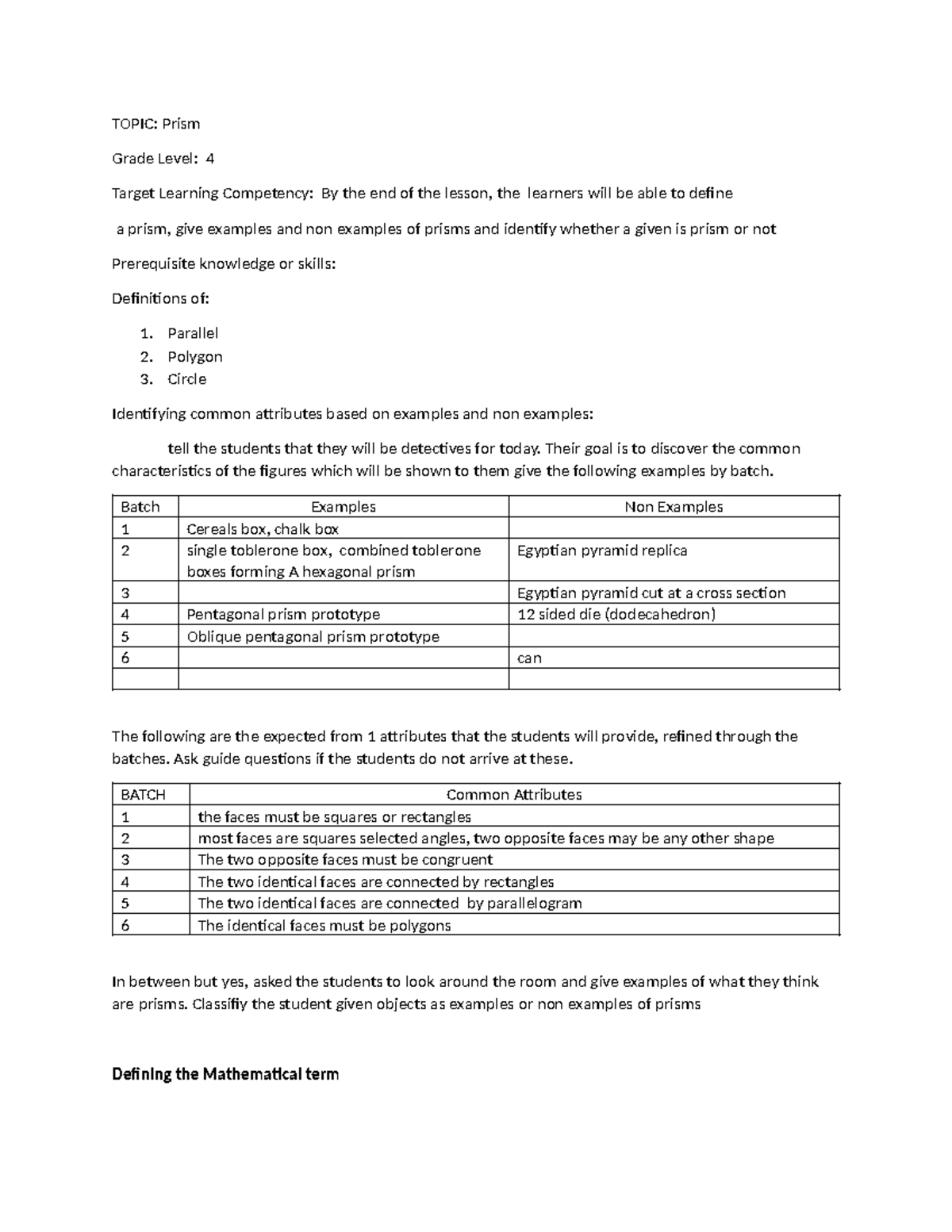 Lesson Plan Concept attainment - TOPIC: Prism Grade Level: 4 Target ...