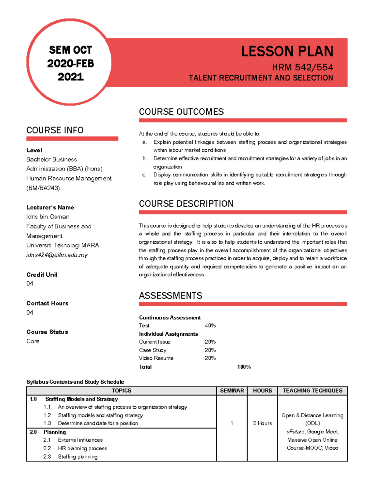 Lesson PLAN HRM 542 554 - notes - Financial Management - UiTM - Studocu