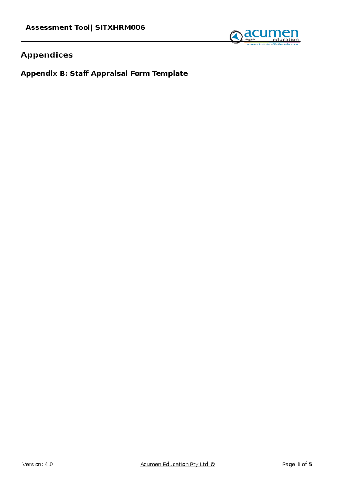 Assessment 3 - Task 1 - Evaluation Form - Appendices Appendix B: Staff Appraisal Form Template ...