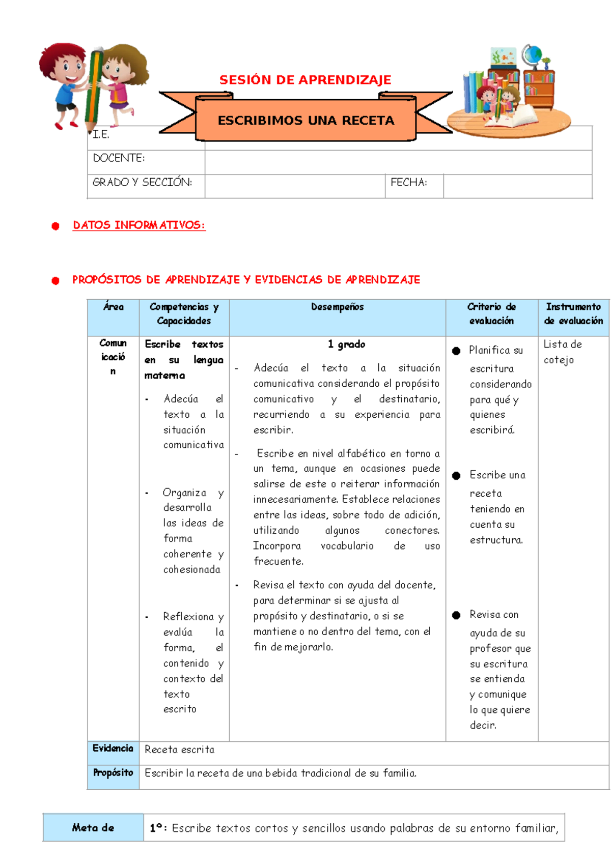 1º E5 S2 Sesion D3 COM Escribe UNA Receta - SESIÓN DE APRENDIZAJE I. DOCENTE: GRADO Y SECCIÓN ...