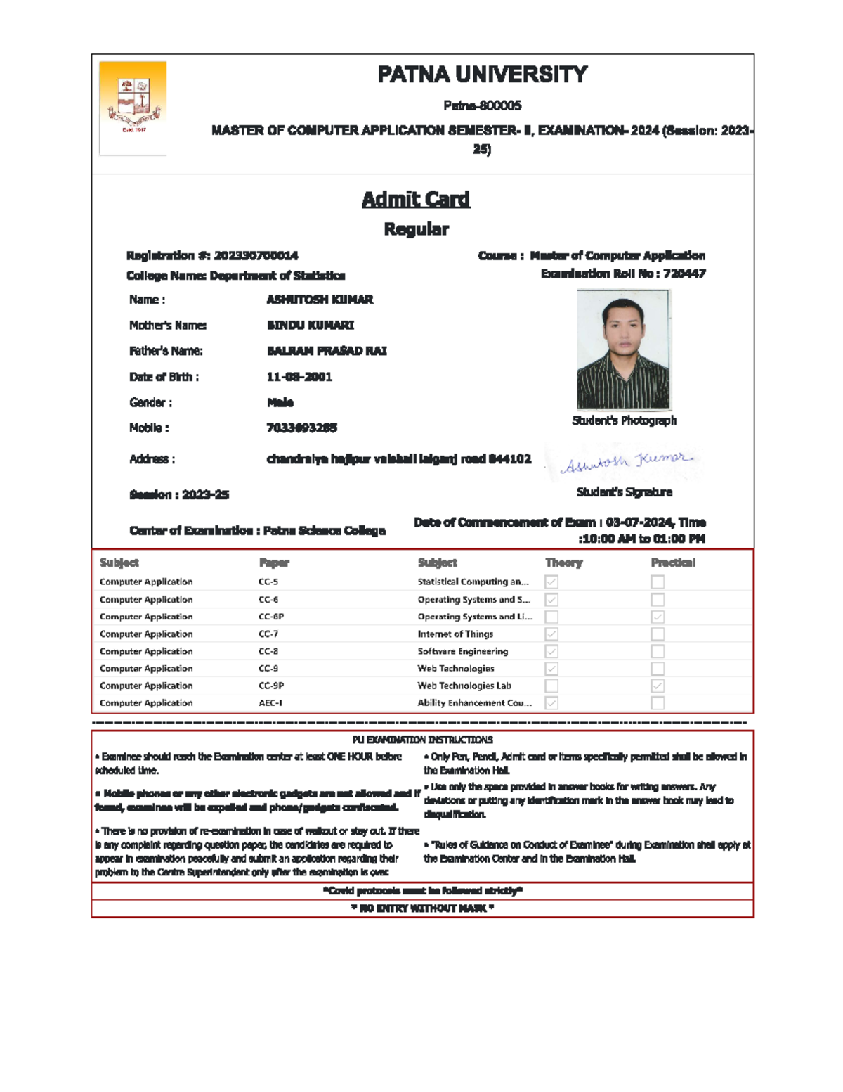 Admit card 2024 - PATNA UNIVERSITY Estd. 1917 MASTER OF COMPUTER ...