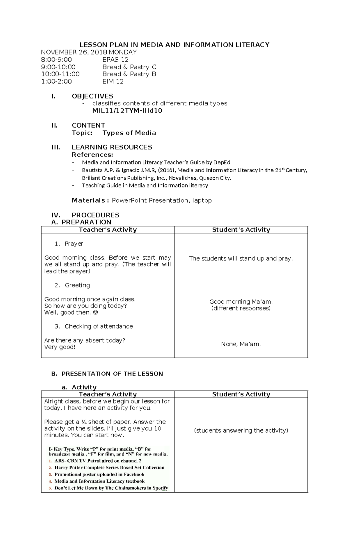 Lesson PLAN IN Types OF Media - LESSON PLAN IN MEDIA AND INFORMATION ...
