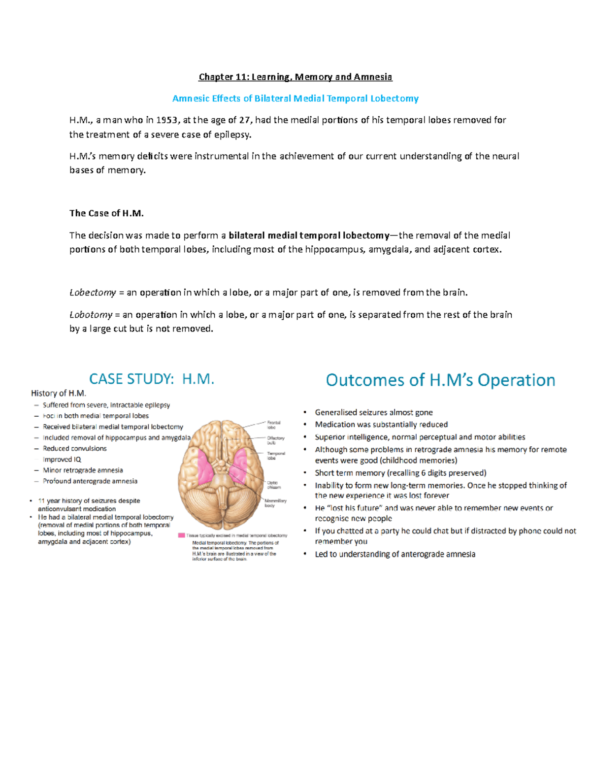 Week 9 Learning Memory Amnesia - Chapter 11: Learning, Memory and Amnesia Amnesic Effects of ...