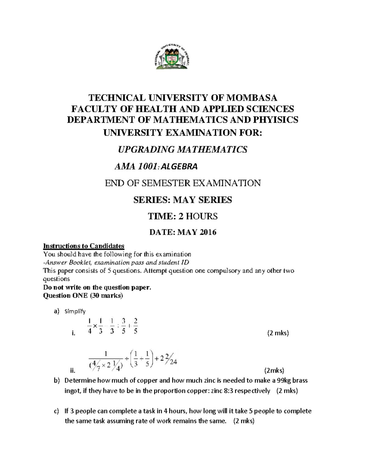 AMA 1001 Algebra 2 - Maths is life - TECHNICAL UNIVERSITY OF MOMBASA ...