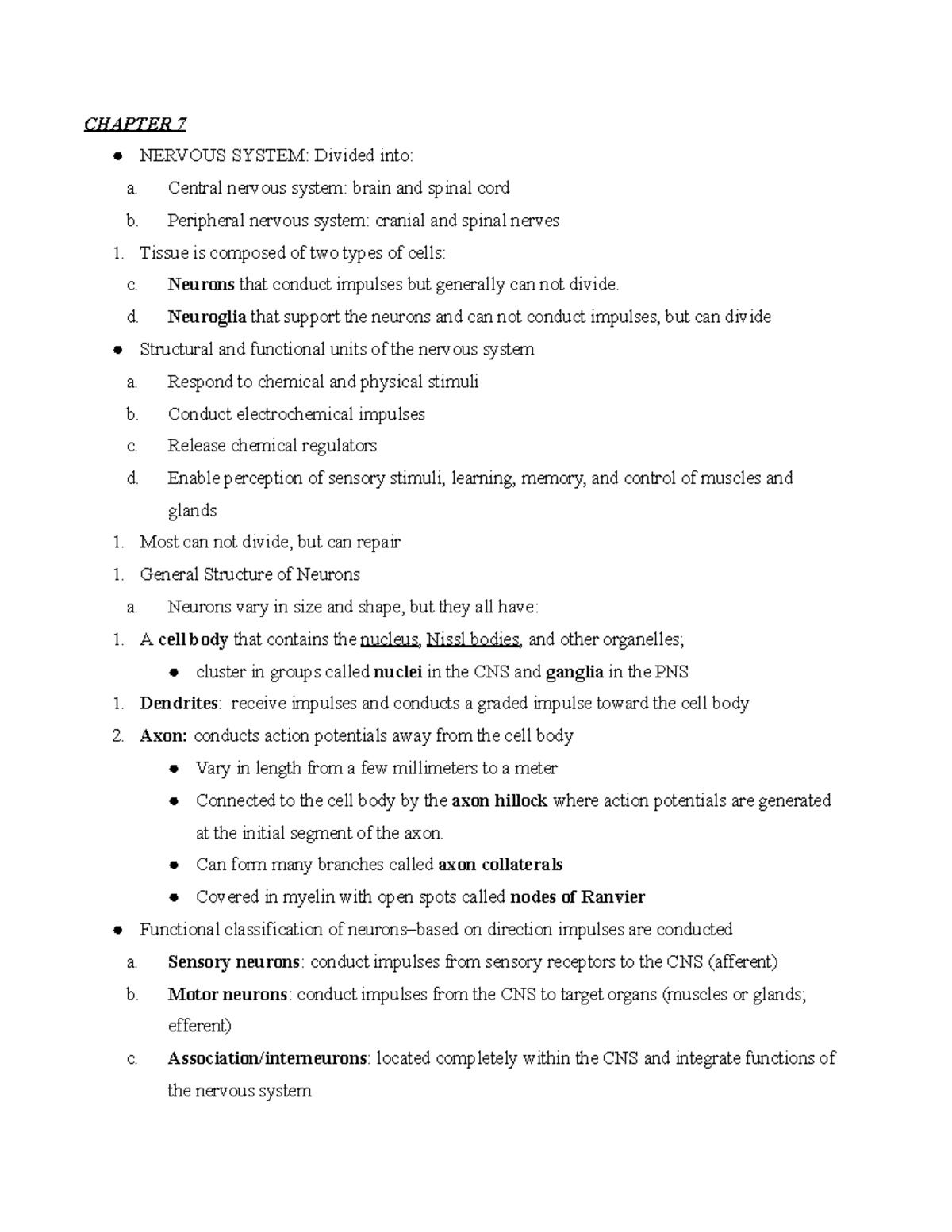 BIOL 3430 Notes Chapter 7 - CHAPTER 7 NERVOUS SYSTEM: Divided into: a ...