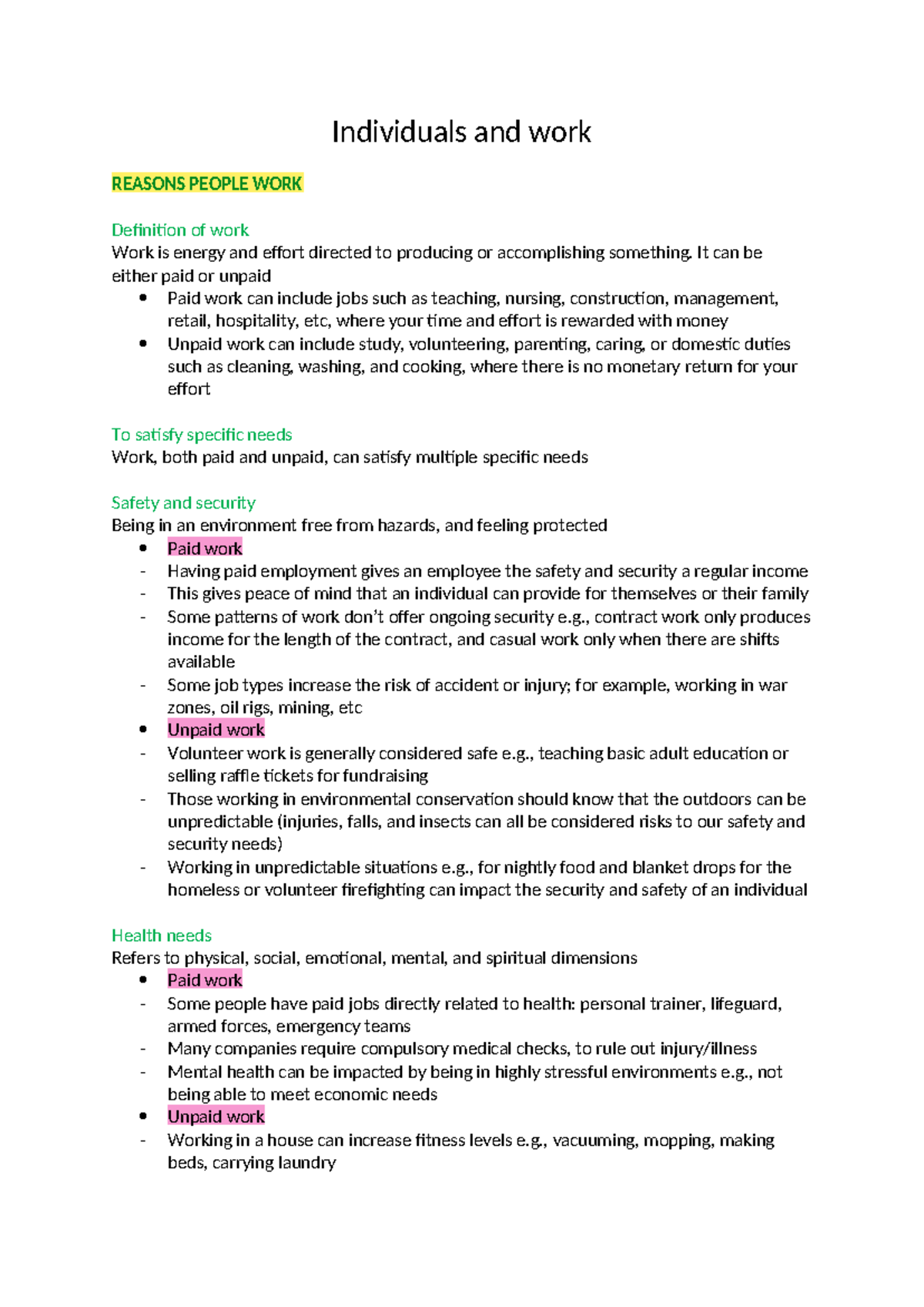 Individual AND WORK Notes - Individuals and work REASONS PEOPLE WORK ...