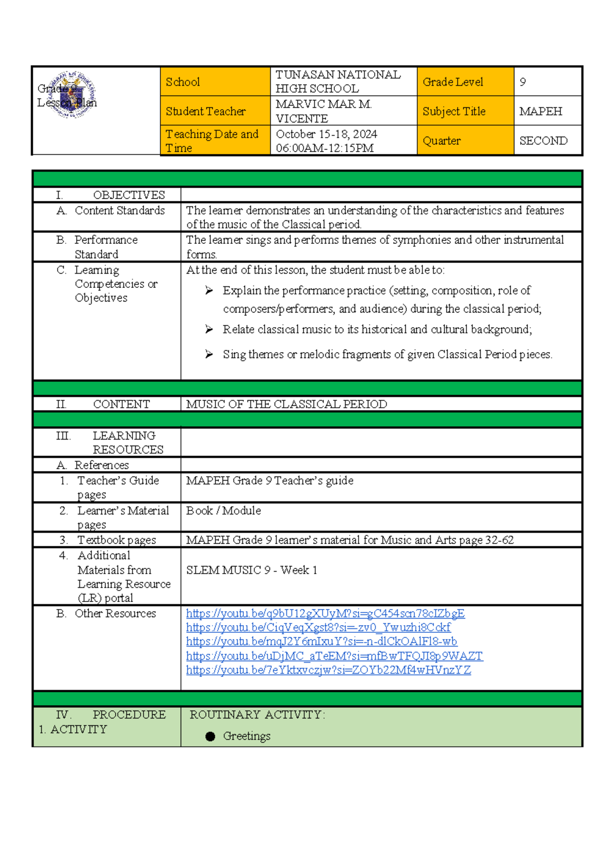 Lesson Plan- Music of Classical Period_grade9 - Grade 9 Lesson Plan ...