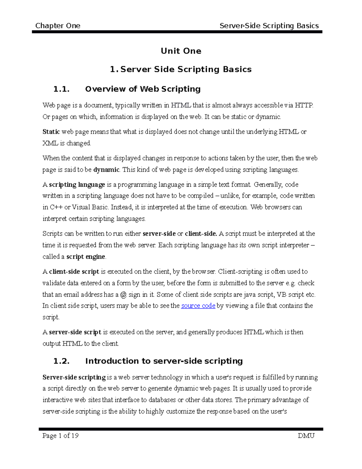 Chapter 2- Sswsdp - it is good note for all reader - Unit One 1. Server Side Scripting Basics 1 ...