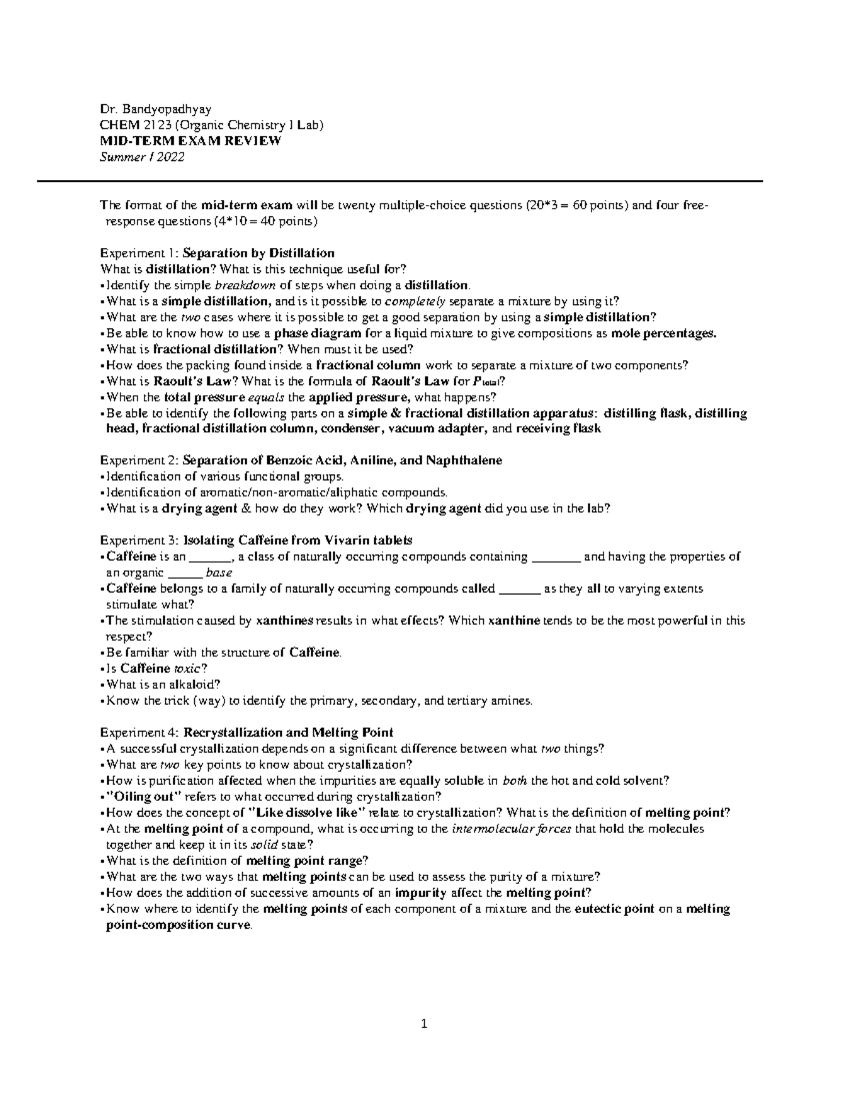 Midterm Exam Review - Dr. Bandyopadhyay CHEM 2123 (Organic Chemistry I ...