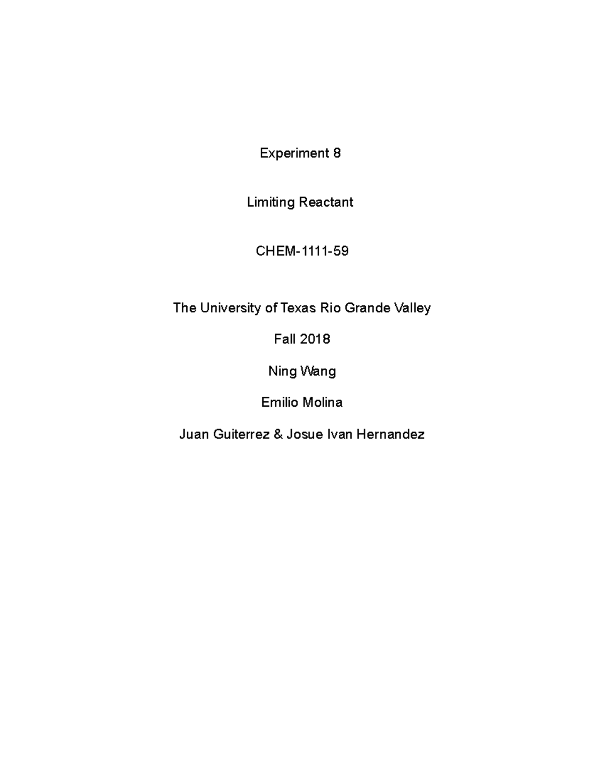 Experiment 8 - lab report - Experiment 8 Limiting Reactant The ...