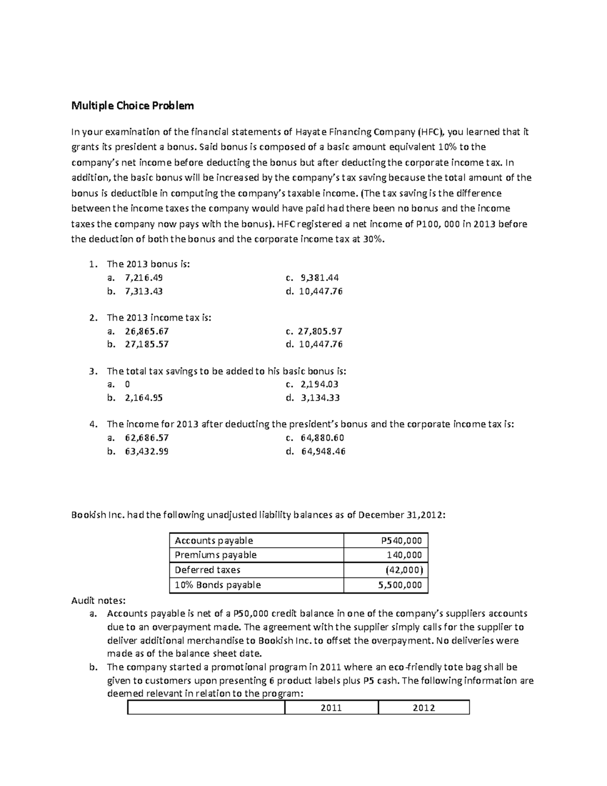 Toaz - Detailed quiz on audit of liabilities with solution - Multiple Choice Problem In your ...